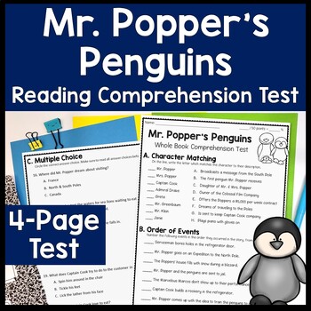 Mr. Popper's Penguins Test | 4-Page Mr. Popper's Penguins Quiz with ...