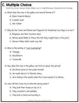 Tuck Everlasting Test | 4-Page Tuck Everlasting Quiz (Assesment) with ...